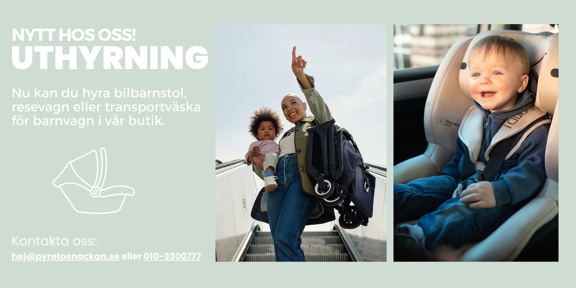 Hyra bilbarnstol, resevagn eller transportväska Pyret & Snäckan